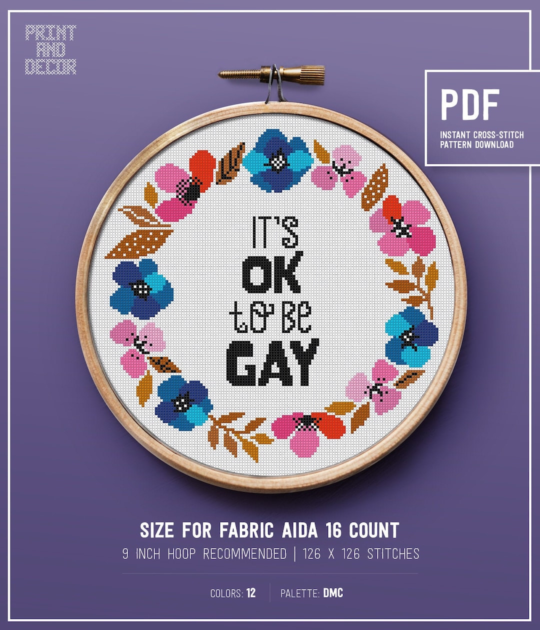Gay Cross Stitch Pattern, LGBT Embroidery Pattern, It's OK to Be Gay ...