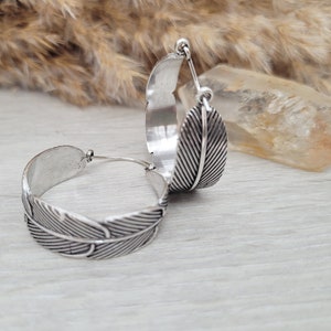 Silver Feather Hoop Earrings / Wide Hoop Earrings / Bohemian Jewellery ...