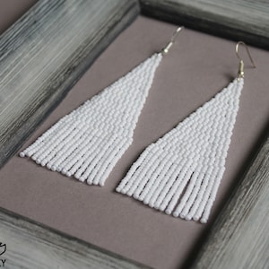 White Beaded Earrings Bright White Beadwork Earrings Dangle Monocolor ...