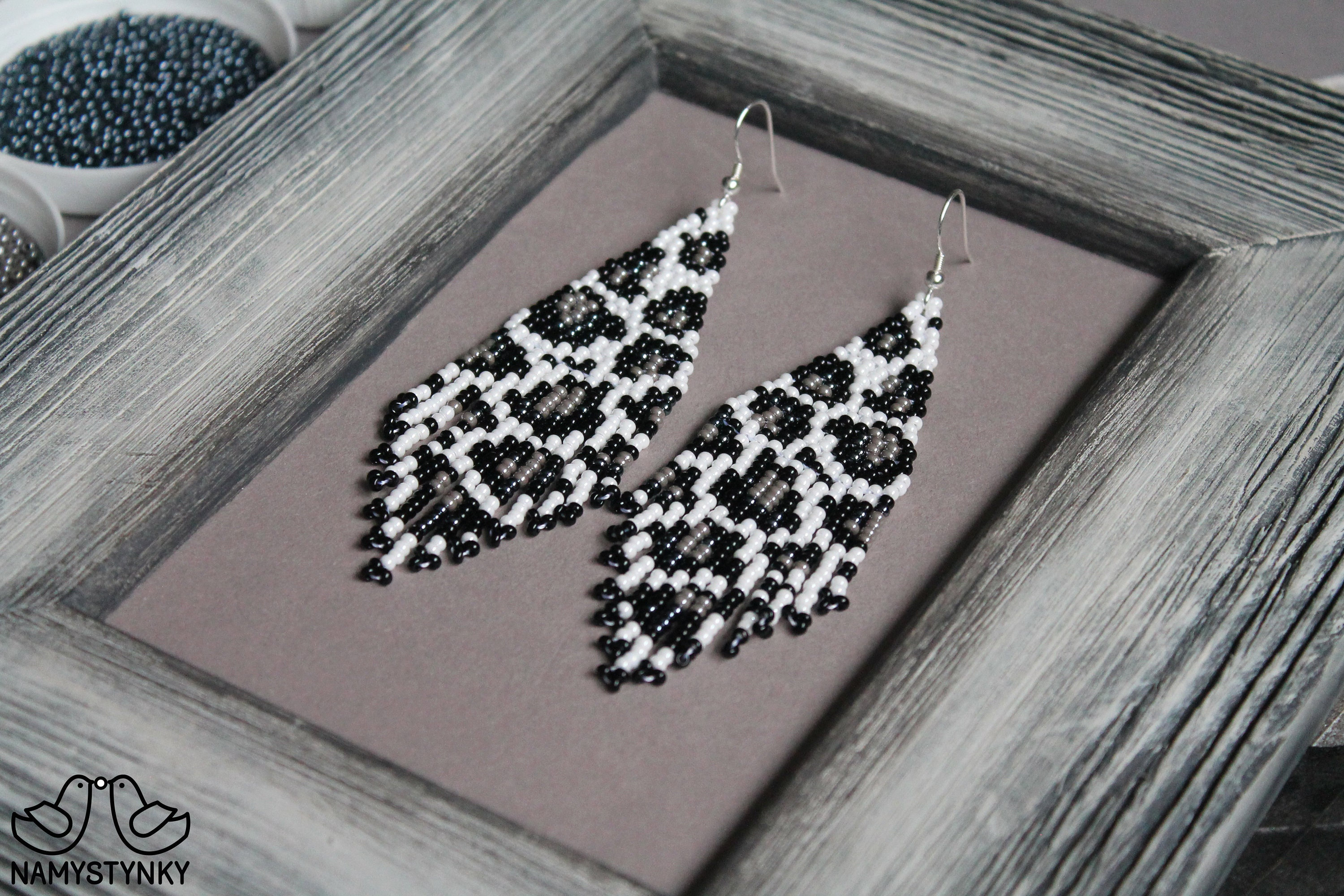 Namystynky Gray Leopard Beaded Earrings Animal Print Earrings Leopard Print Seed Bead Earrings Long Dangle Earrings Fringe Chandelier Earrings Beadwork