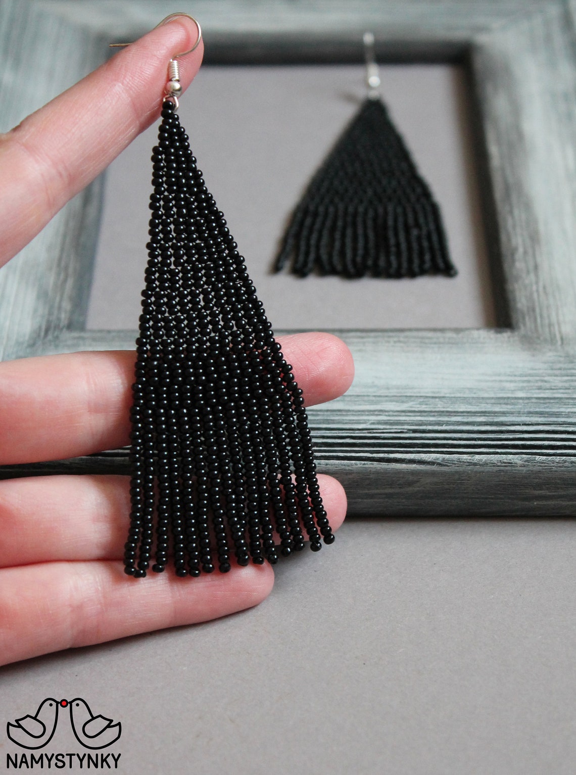 Black Beaded Earrings Bright Black Beadwork Earrings Dangle | Etsy