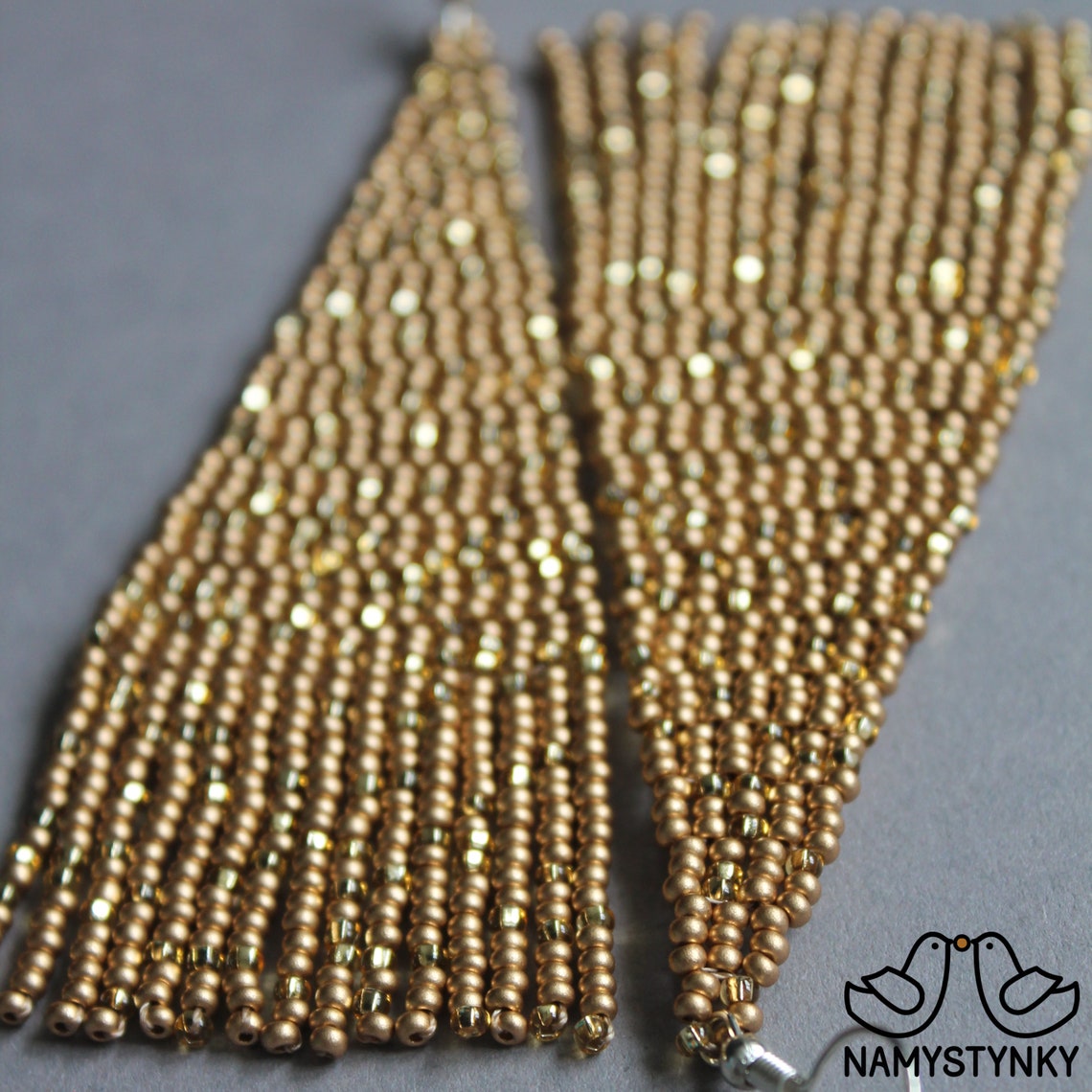 Gold Beaded Earrings Shining Gold Beadwork Earrings Dangle - Etsy