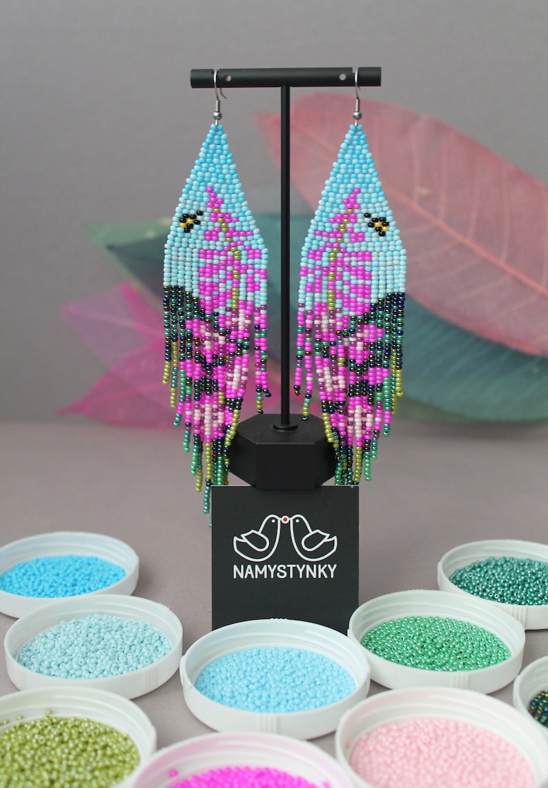 Mountain Landscape Beaded Earrings Fireweed Flowers Beadwork - Etsy