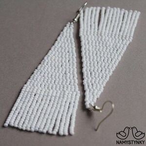 White Beaded Earrings Bright White Beadwork Earrings Dangle Monocolor ...