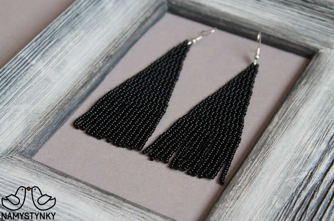 Black Beaded Earrings Bright Black Beadwork Earrings Dangle | Etsy