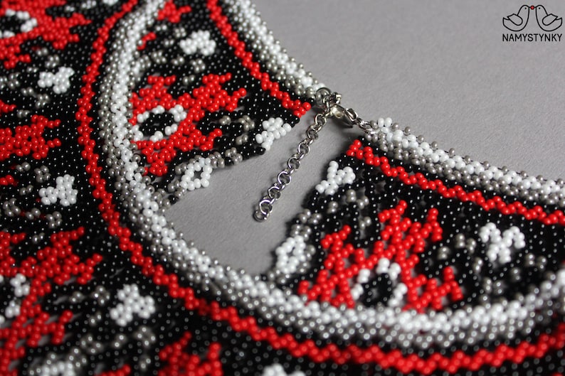 Beaded Collar Necklace Ukrainian Necklace Black Red White Necklace Seed ...
