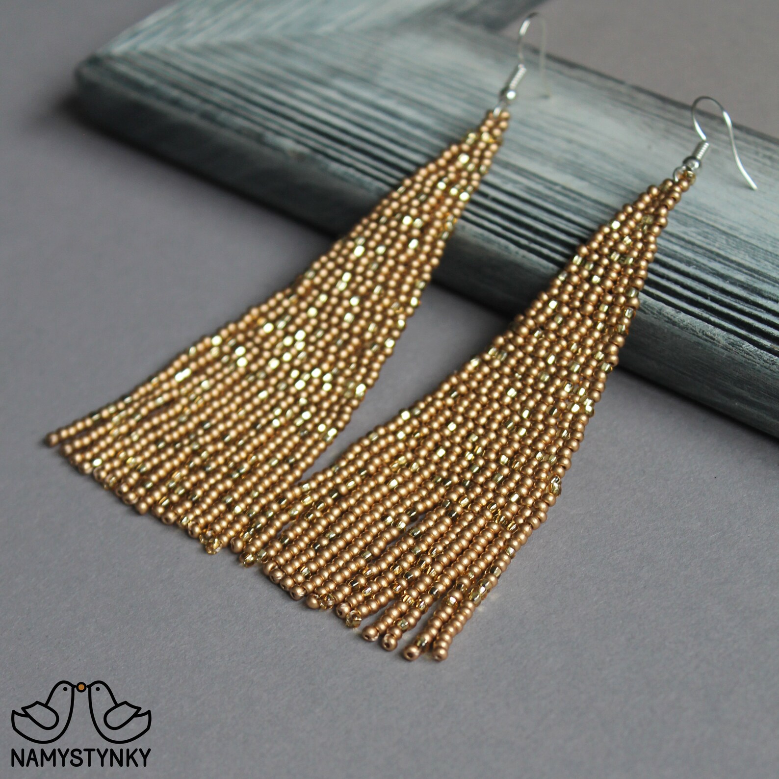Gold Beaded Earrings Shining Gold Beadwork Earrings Dangle - Etsy