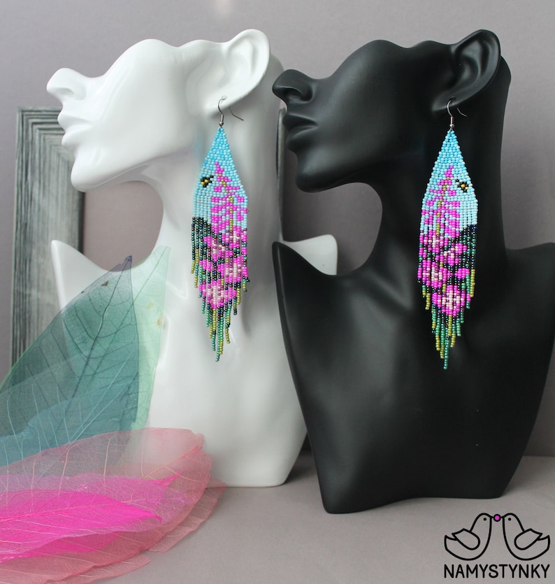 Mountain Landscape Beaded Earrings Fireweed Flowers Beadwork - Etsy