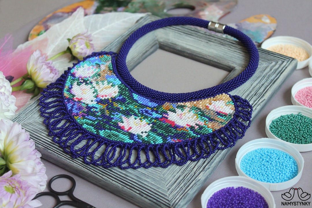 Monet Water Lilies Beaded Necklace: Artistic Embroidered Beadwork - Etsy