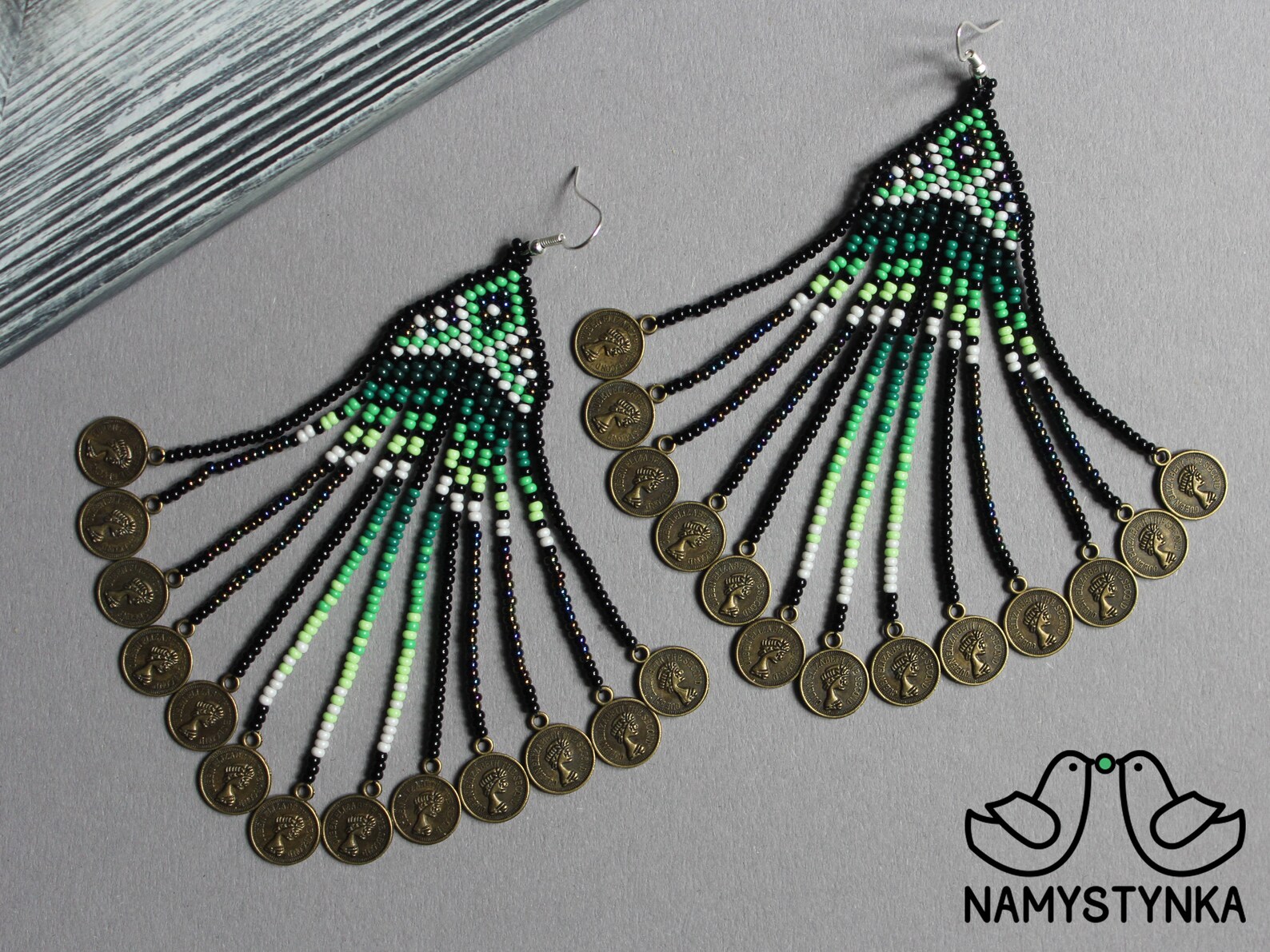 Green Coins Fringe Beaded Earrings Beadwork Seed Bead Earrings - Etsy