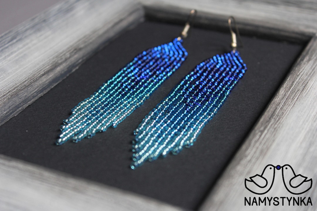 Blue Long Earrings Beaded Earrings Fringe Earrings Seed Bead Earrings ...