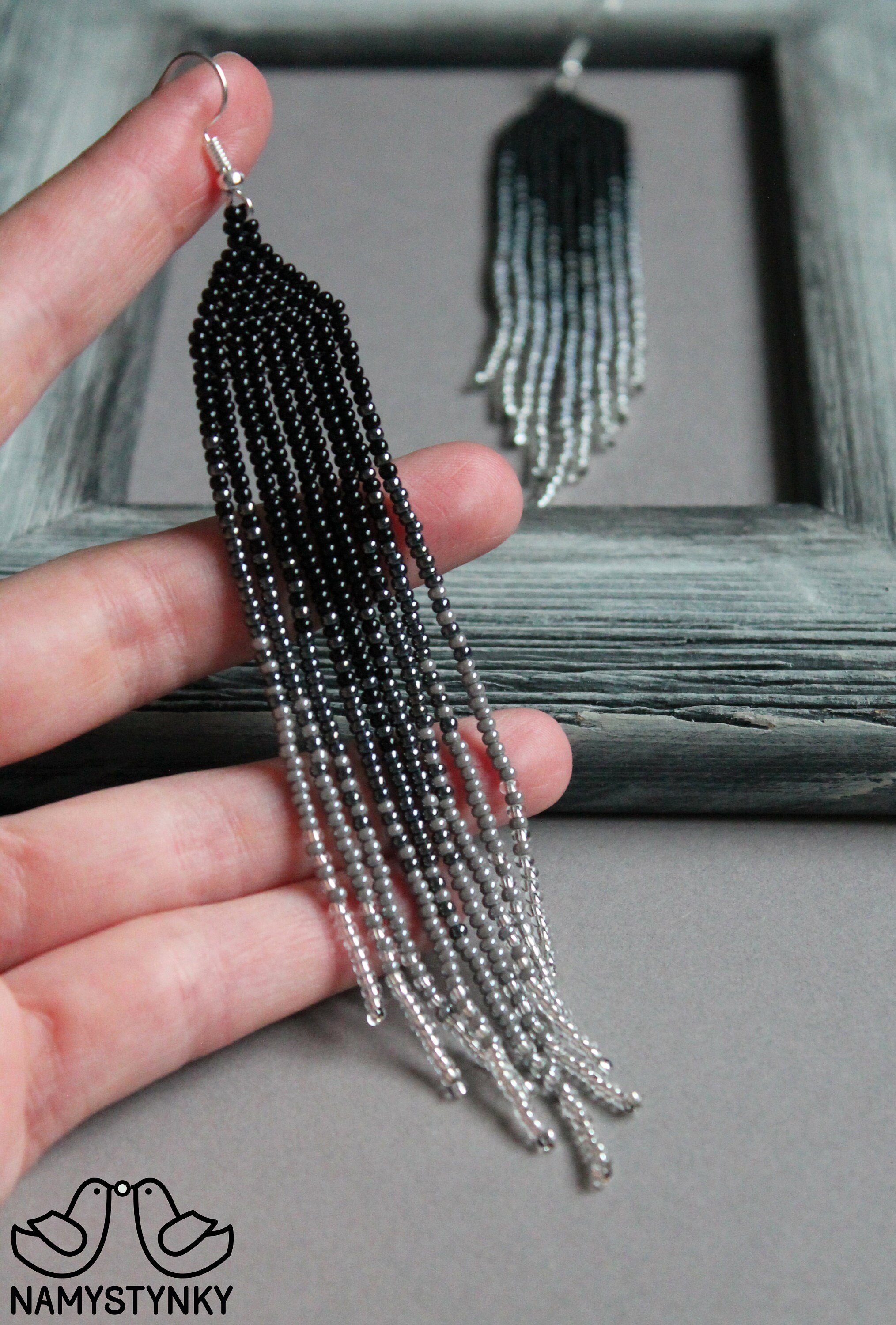 Silver Seed Bead Dangle Earrings: Black & Gray Beadwork - Etsy
