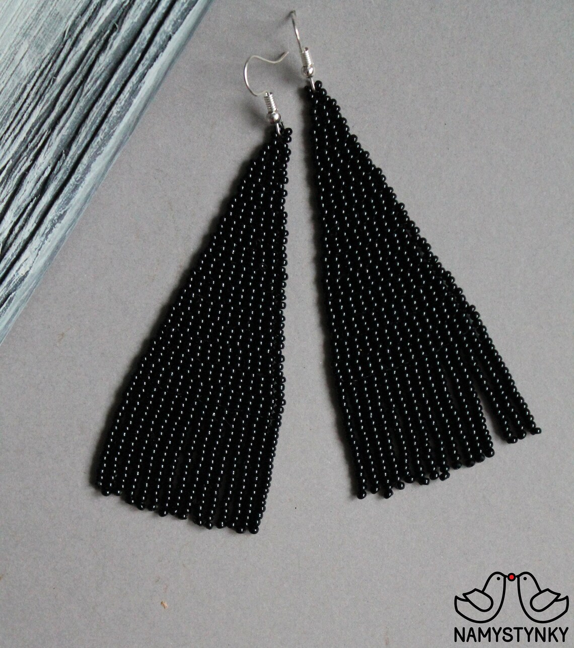 Black Beaded Earrings Bright Black Beadwork Earrings Dangle | Etsy