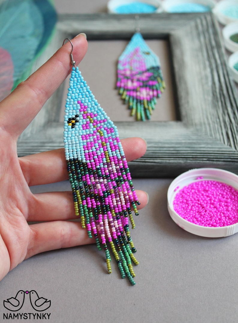 Mountain Landscape Beaded Earrings Fireweed Flowers Beadwork - Etsy