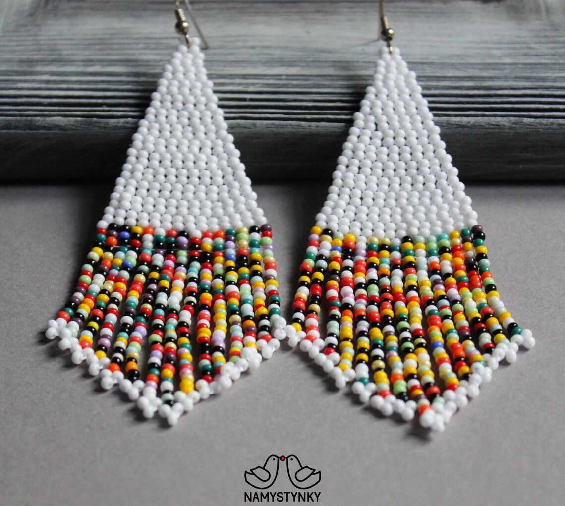 White and colorful beaded earrings Stylish Dangle earrings | Etsy