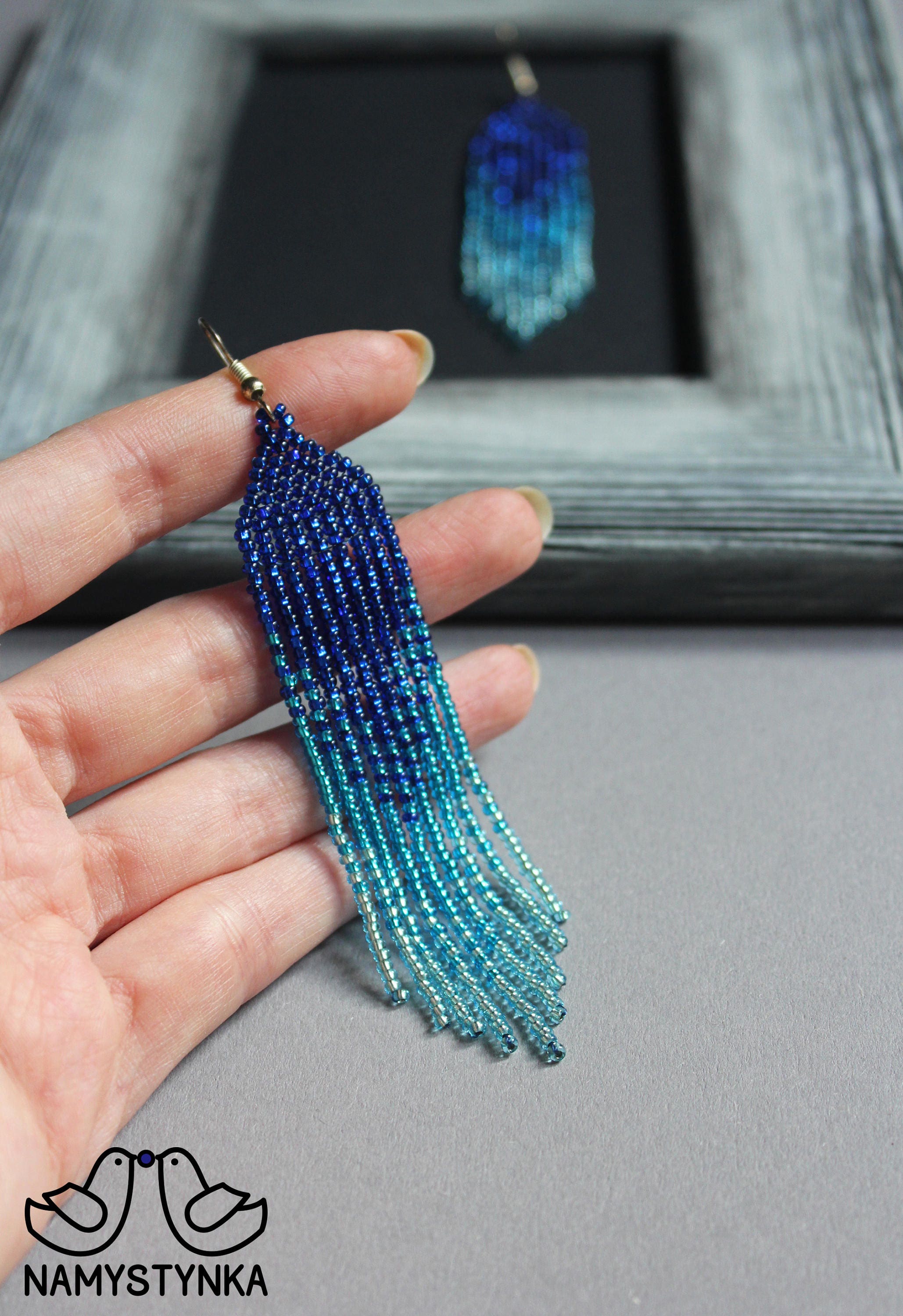 Blue long earrings Beaded earrings Fringe earrings Seed bead | Etsy