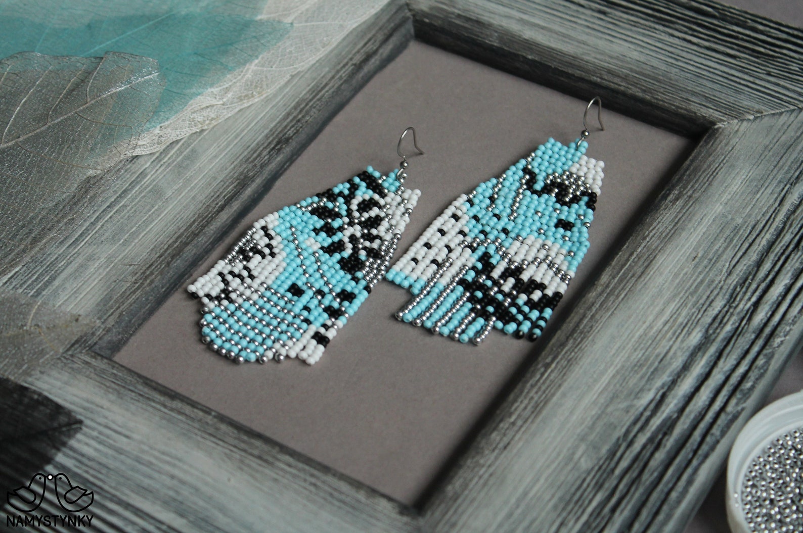 Abstract Beaded Dangle Earrings: Blue Silver Geometric Beadwork - Etsy