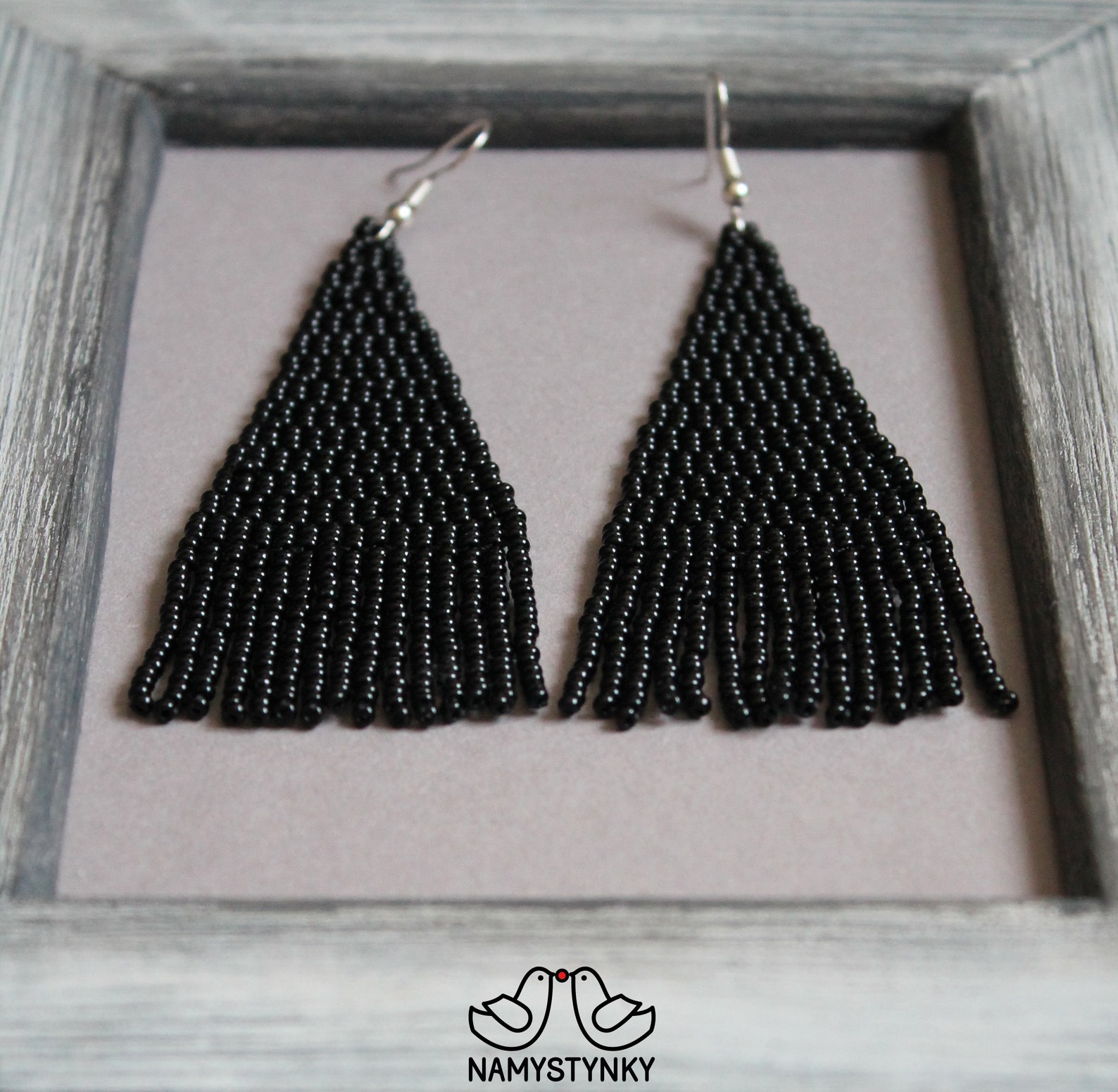 Black Beaded Earrings Bright Black Beadwork Earrings Dangle | Etsy
