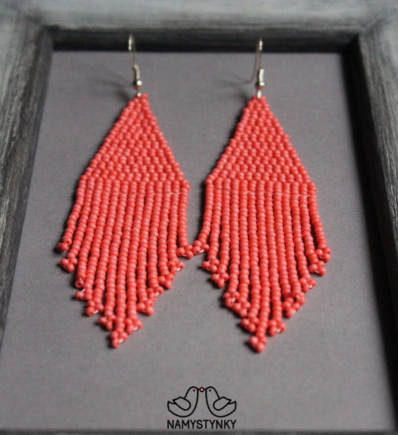 Coral Beaded Earrings Living Coral Evening Earrings Monochrome Dangle Earrings Long Fringe Earrings Seed Bead Earrings Chandelier Earrings Etsy Ireland