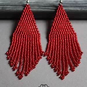 Red Beaded Earrings Shining Evening Earrings Red Long Earrings Dangle ...