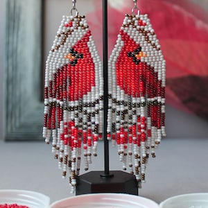Cardinal Bird Beaded Earrings Winter Red Floral Fringe Seed Bead ...