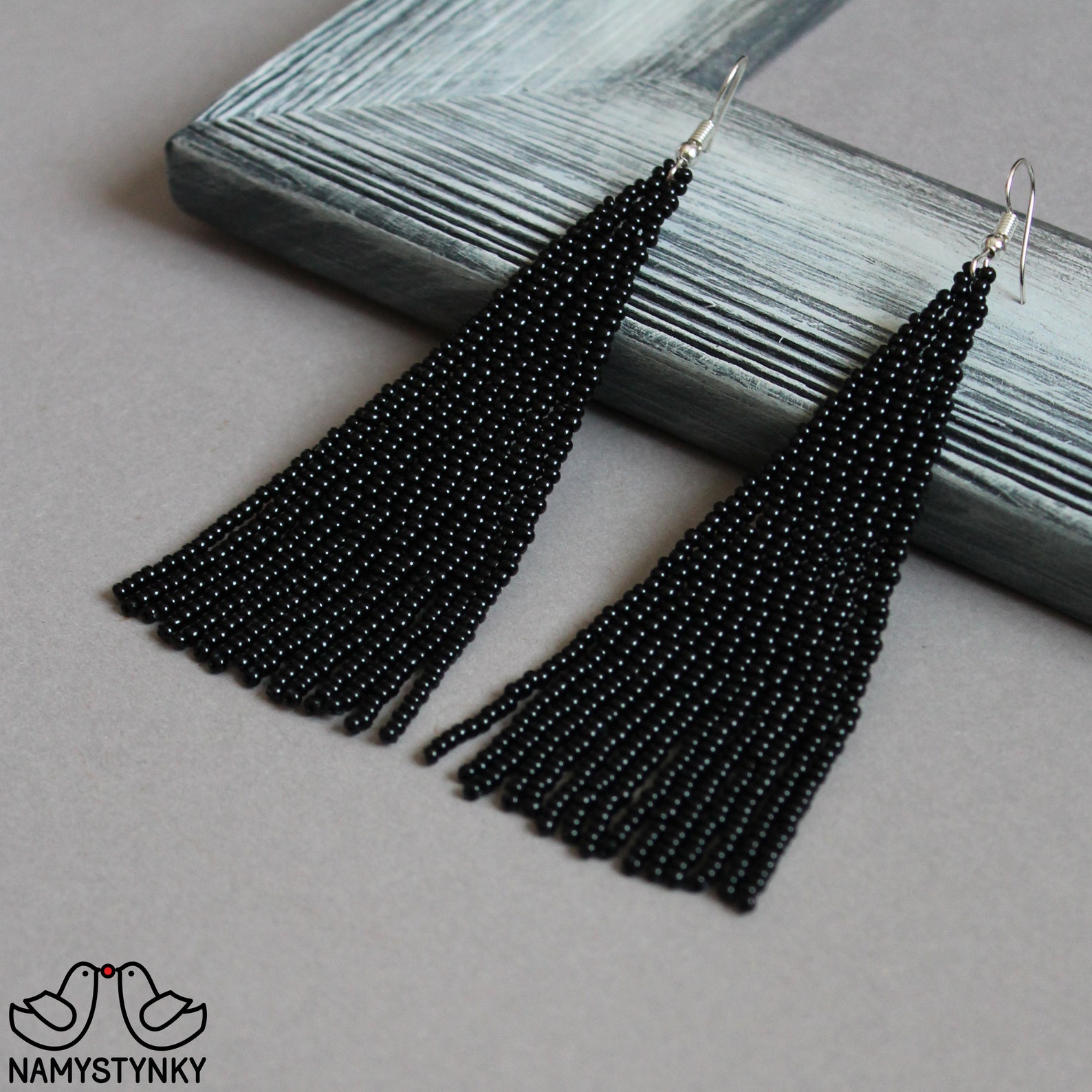 Black Beaded Earrings Bright Black Beadwork Earrings Dangle | Etsy