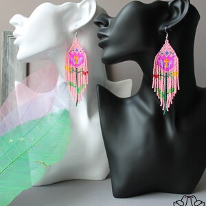 Spring Floral Beaded Earrings Pink Earrings Bright Flowers Earrings ...