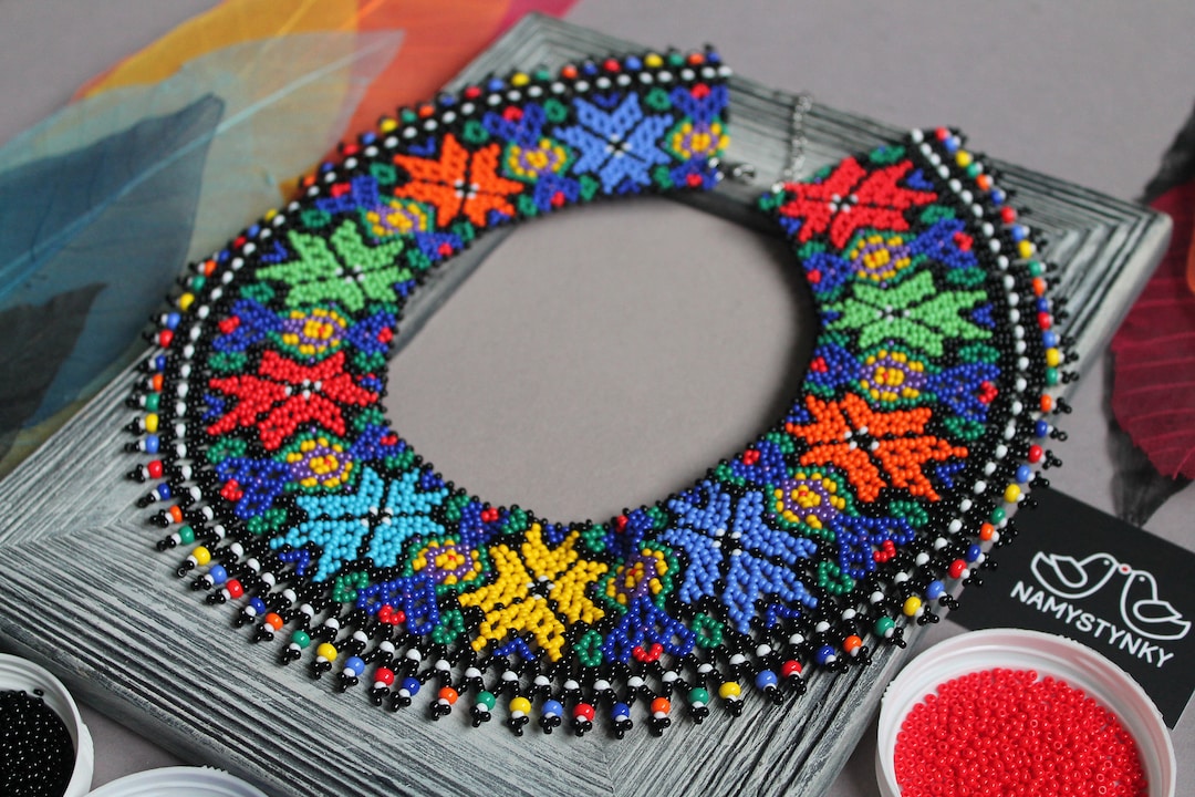 Ukrainian Beaded Collar Necklace: Black Star, Boho Beadwork - Etsy