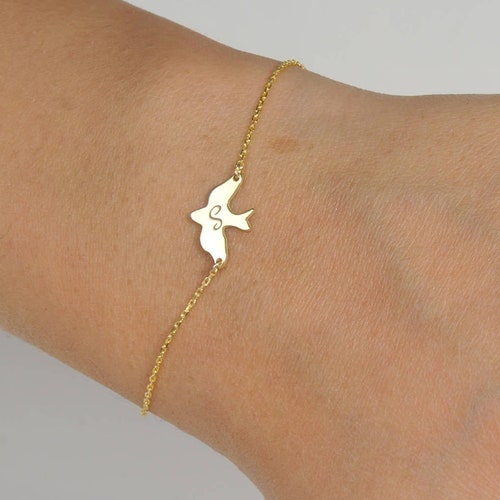 14k Gold Bird Bracelet-personalized Bracelet-soar Bird - Etsy