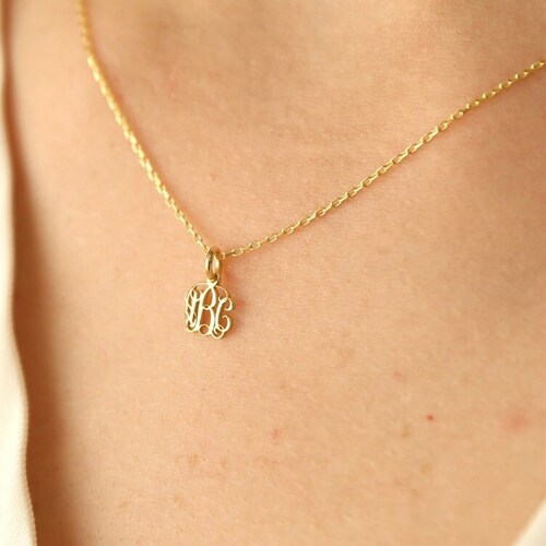 14K Solid Gold Personalized Monogram Necklace Handmade Tiny - Etsy