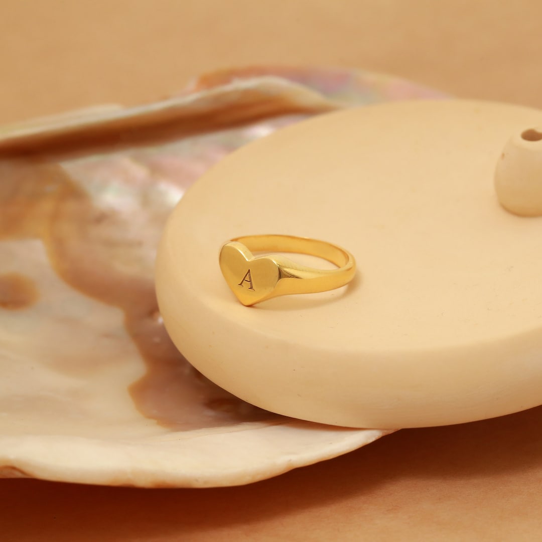 14k Gold Initial Signet Ring,custom Initial Ring,personalized Ring,heart Signet Ring,letter Ring ...