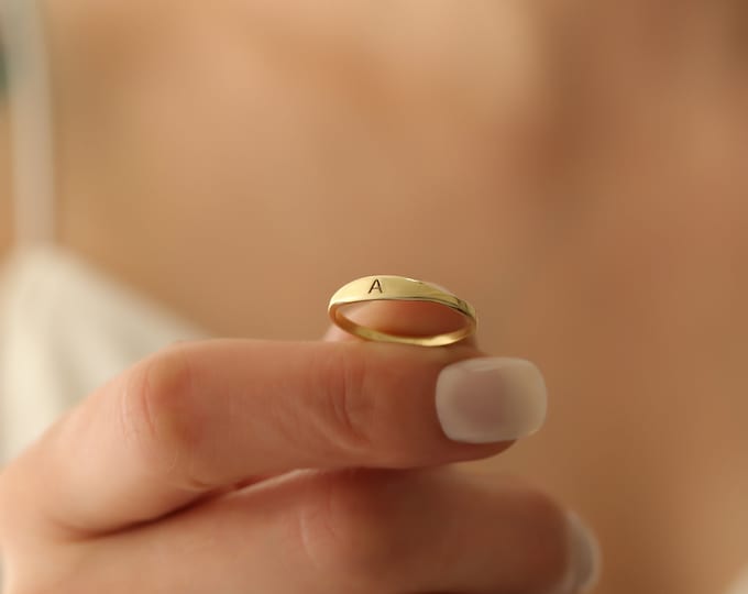 Dainty Initial Heart Ring in Gold, Sterling Silver - Mothers Ring- Cute Anniversary Gift ...
