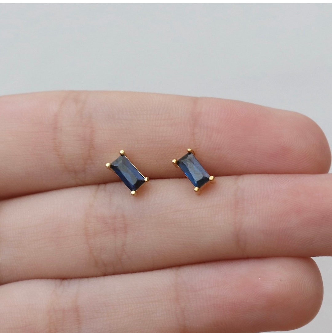 Dainty Sapphire Baguette Earrings,baguette Studs,blue Baguette Earrings,tiny Stud Earrings ...