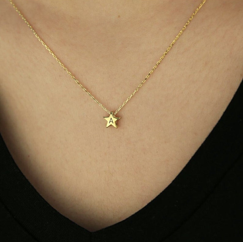 14k Gold Tiny Initial Star Necklace-personalized - Etsy