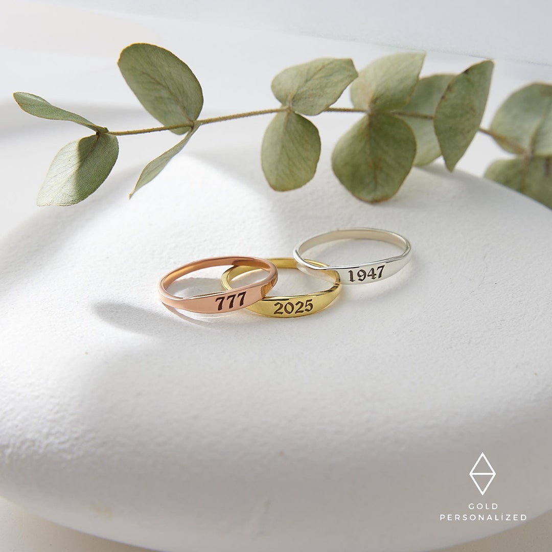 14k Gold Tiny Year Ring-personalized Number Ring-birthday Date Ring ...