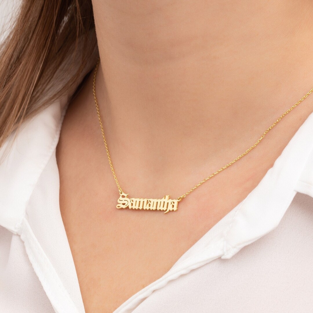14k Solid Gold Name Necklace,old English Name Necklace,gothic Name ...