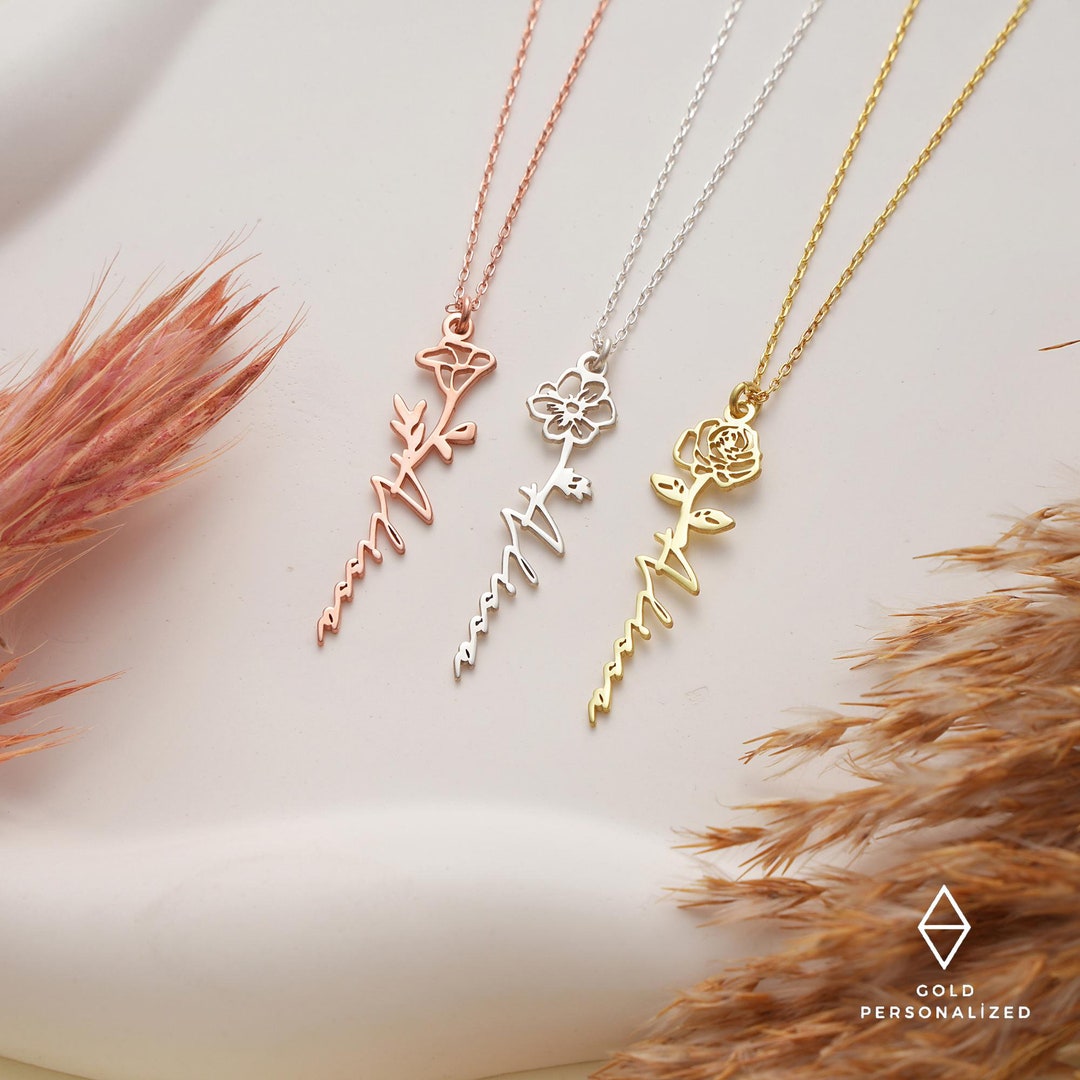 14K Gold Custom Name Necklace With Birth Flower,birthday Gifts ...