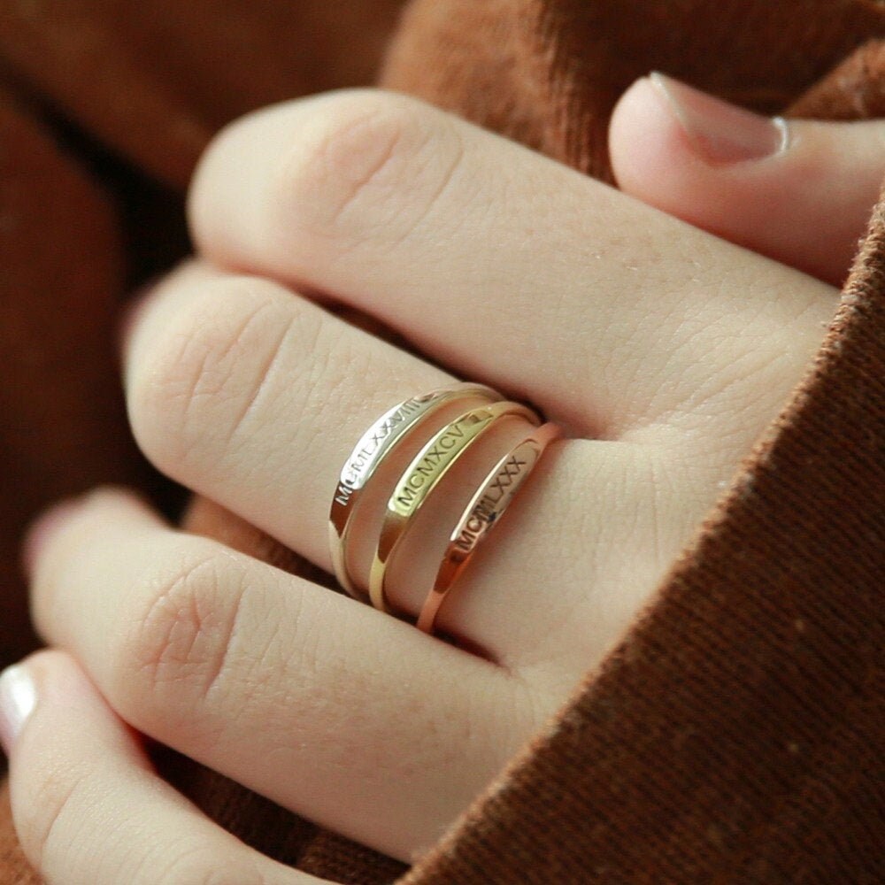 14k Gold Roman Numerals Ring-custom Wedding Band-date - Etsy