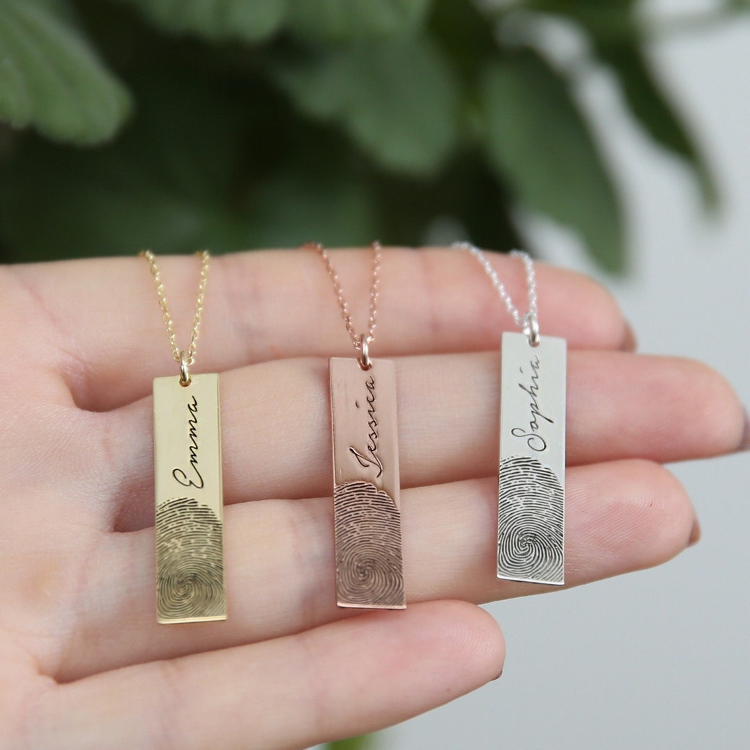 14k Gold Fingerprint Necklace, Bar Necklace, Gold Necklace, Name ...