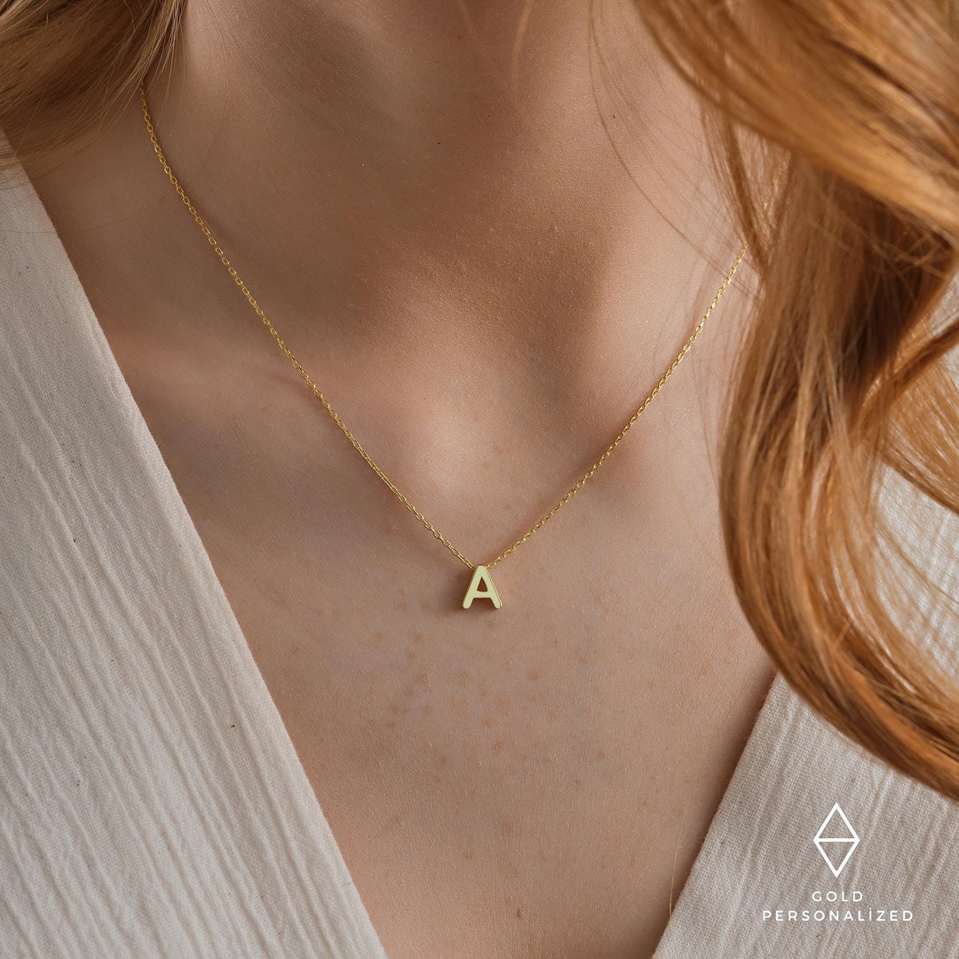 14k Gold Tiny Initial Necklace,personalized Letter Necklace ...
