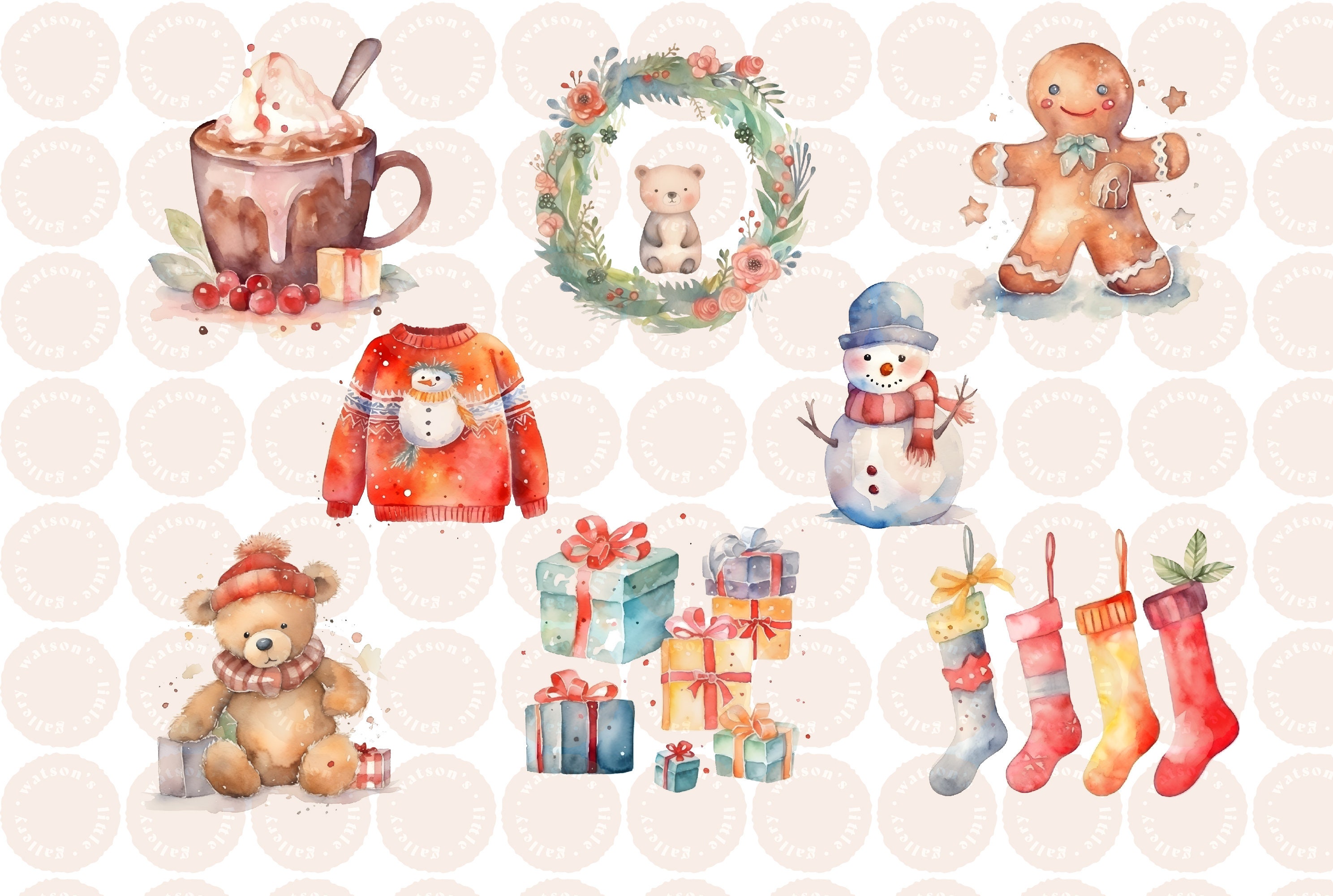 Watercolour Christmas Clip Art Bundle, Cute Winter Collection, PNG ...