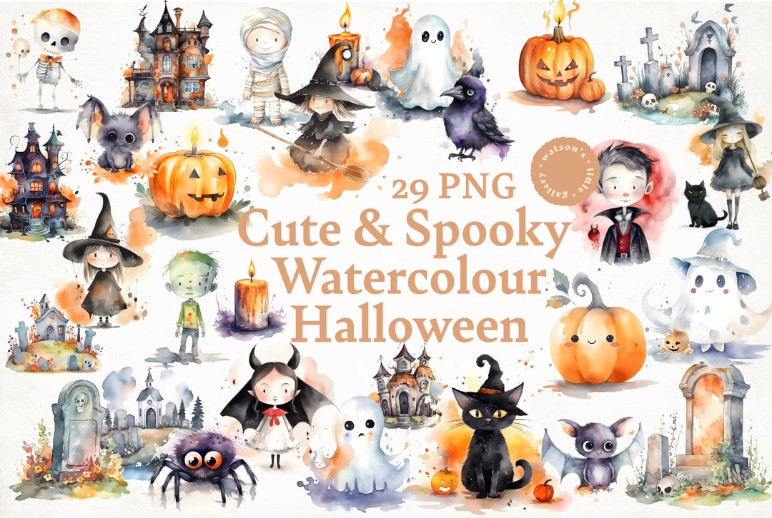 Cute and Spooky Clipart Bundle, Halloween, Watercolour, Pumpkin, Ghost ...