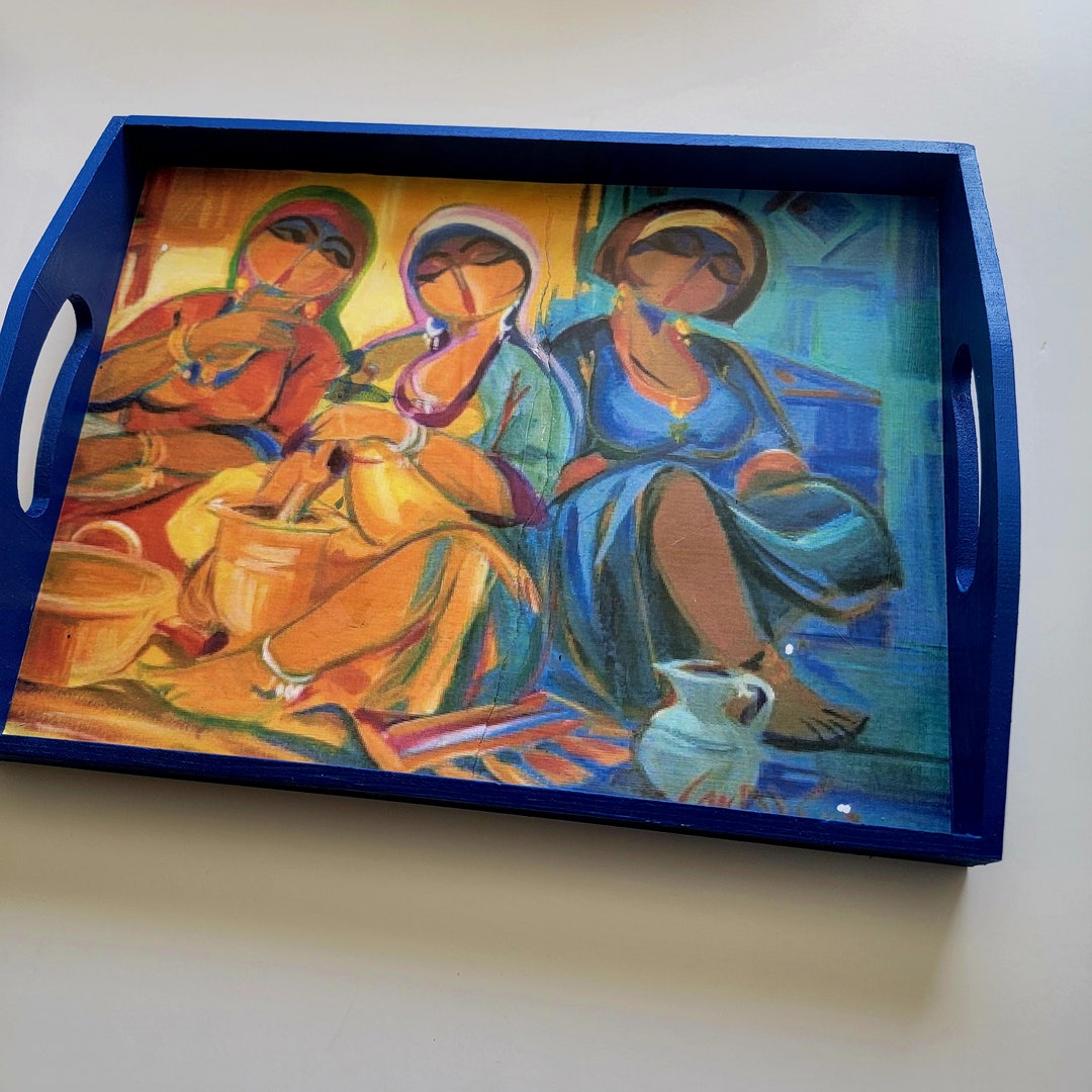 Teal Arabic Iraqi Famous Design Tray, Wooden Arabic Decoupaged Serving ...