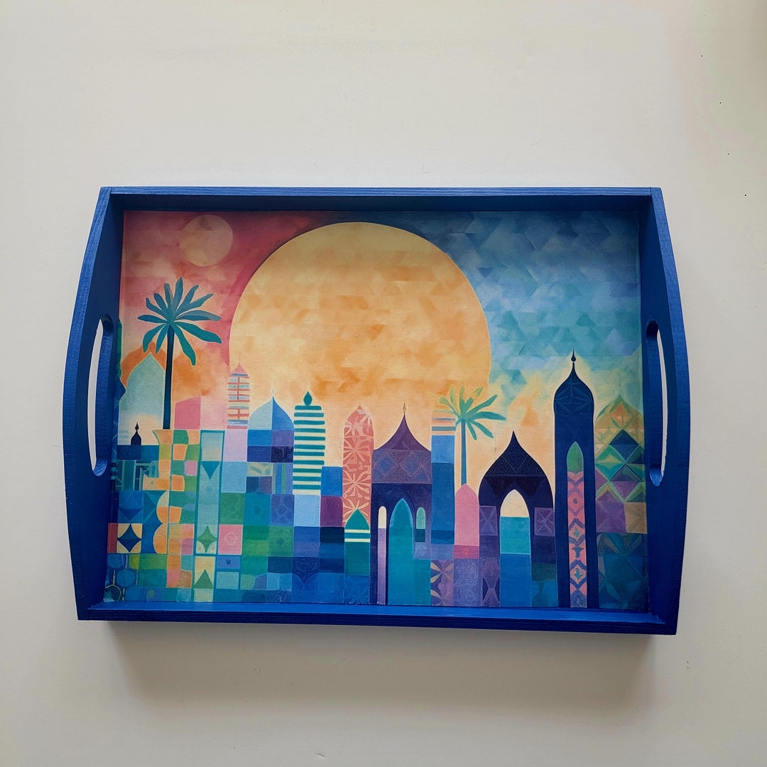 Blue Arabic Design Tray, Wooden Arabic Decoupaged Serving Tray,tray ...