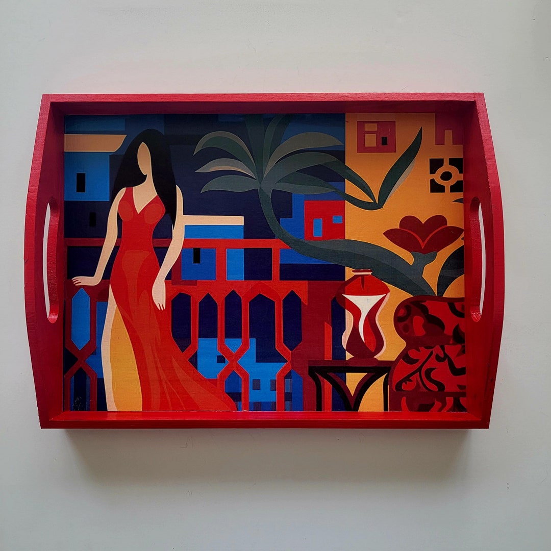 Red Cubism Design Tray, Wooden Arabic Decoupaged Serving Tray,tray ...