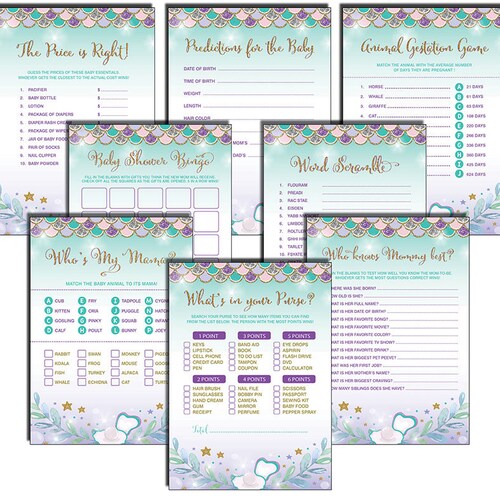 Mermaid BABY SHOWER Games Package. 8x Purple Silver Gold Mint - Etsy