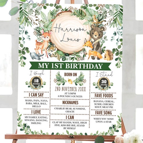 Woodland Animals 1st Birthday Milestone Sign EDITABLE - Etsy