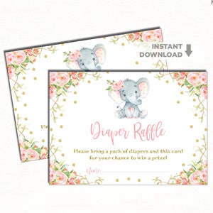 Pink Gold Floral Elephant Baby Shower Diaper Raffle. Pink Roses Diaper ...