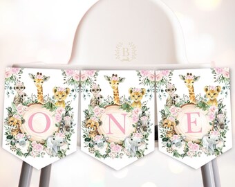 Girl Safari High Chair Banner, Jungle Animals Wild One Birthday ...