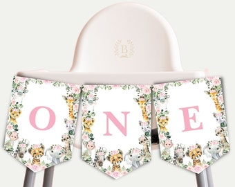 Girl Safari High Chair Banner, Jungle Animals Wild One Birthday ...